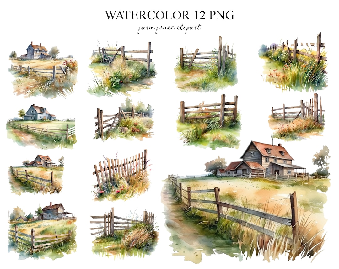 Watercolor Farm Fences Clipart 12 PNG, Farmhouse Clipart , Barn Fence ...