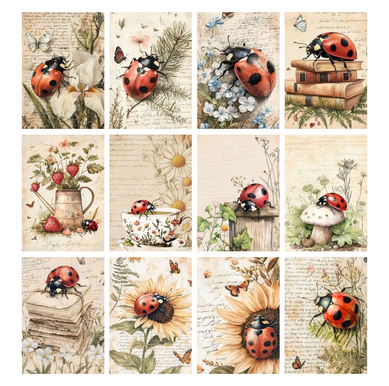 Floral Ladybug Printable Paper Pack, A-4 Junk Journal Background 50 JPC ...