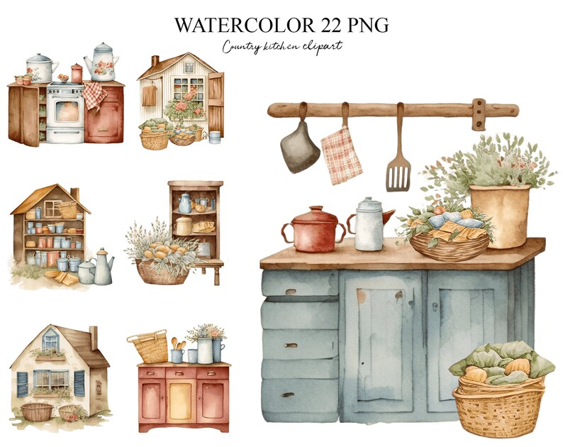 Watercolour Cottagecore Kitchen Clipart Bundle Cottage - Etsy