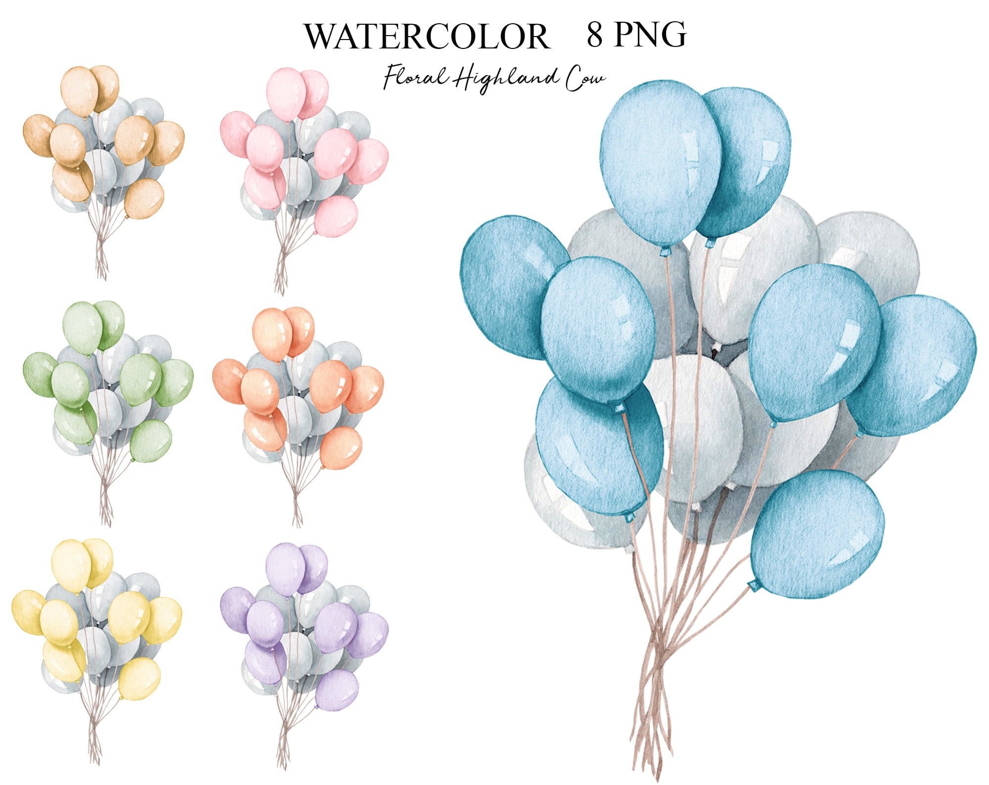 Watercolor Balloons Clipart Png Birthday Clipart Balloon - Etsy
