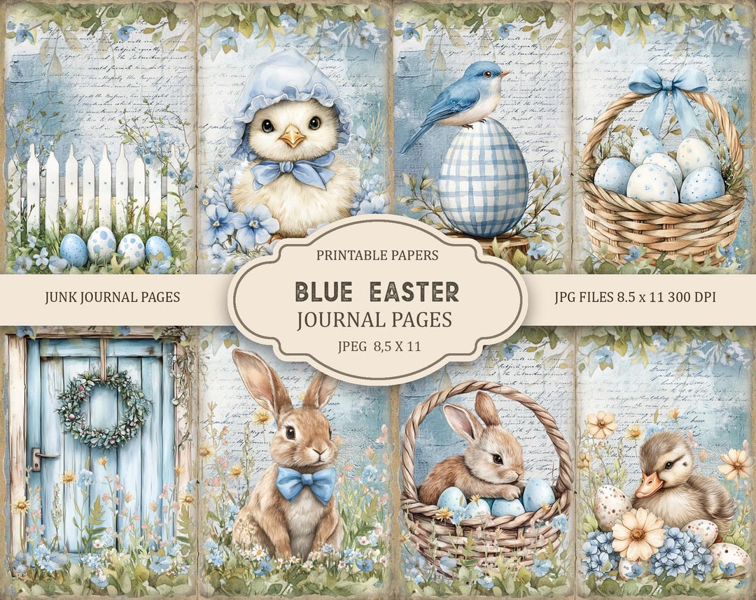Blue Easter Junk Journal Kit: Printable Scrapbook Pages, Garden Bunnies ...