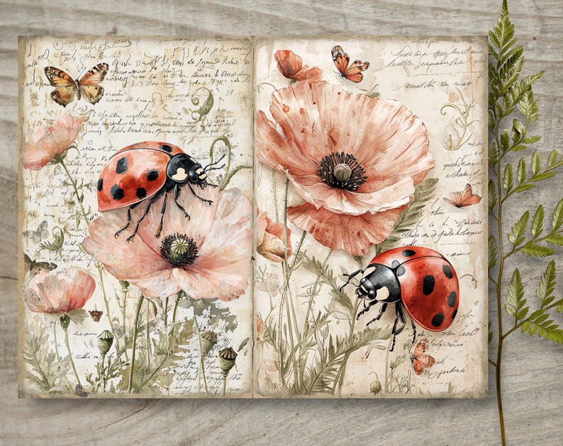 Floral Ladybug Junk Journal Kit: Printable Scrapbook Pages, Flowers ...