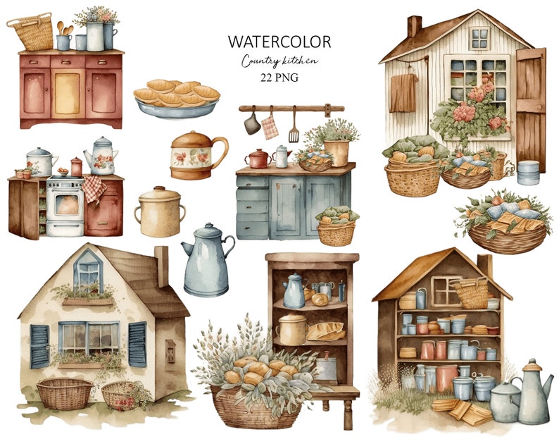 Watercolour Cottagecore Kitchen Clipart Bundle Cottage - Etsy