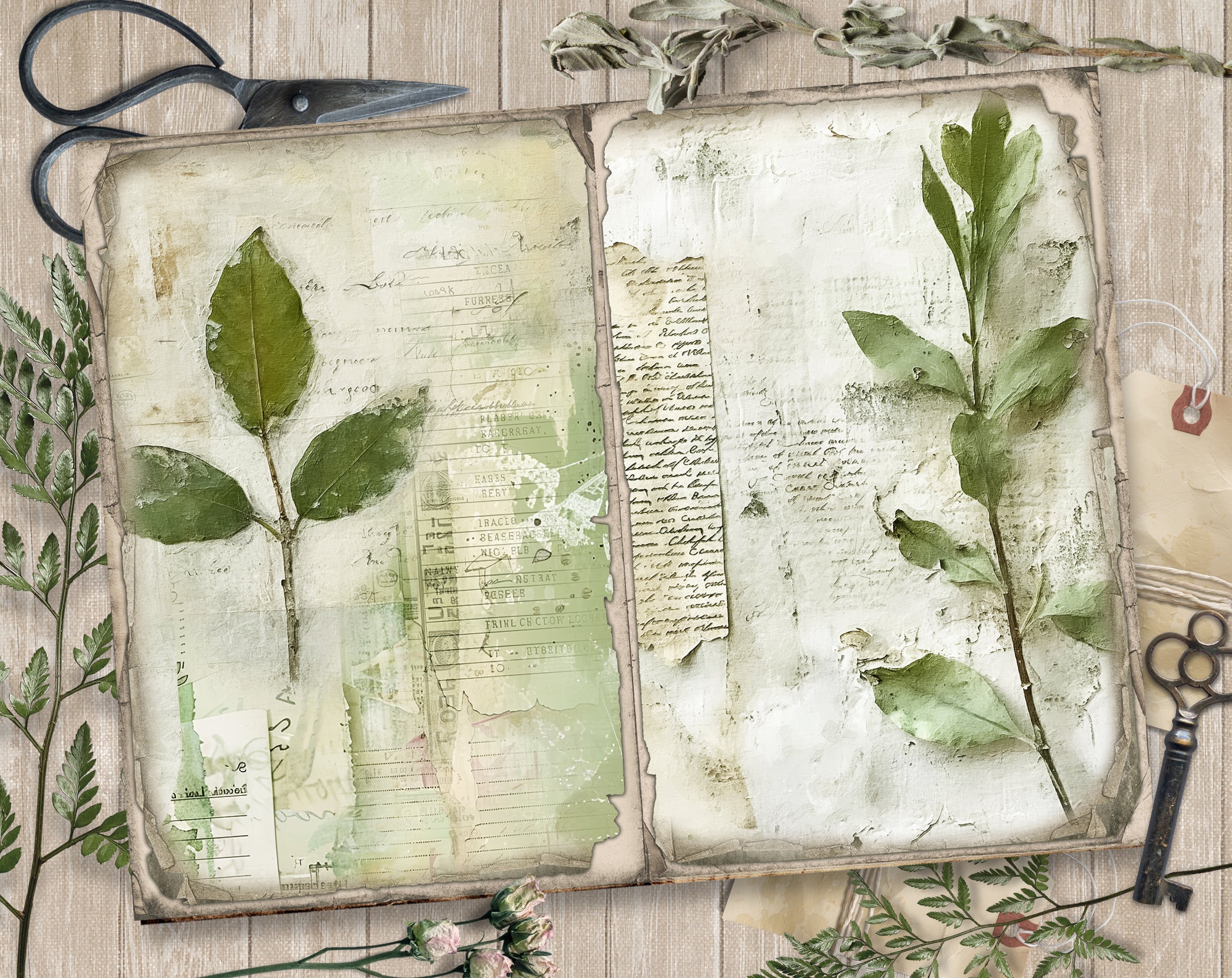 Botanical Green Junk Journal Printable Pages, Junk Journal Kit ...