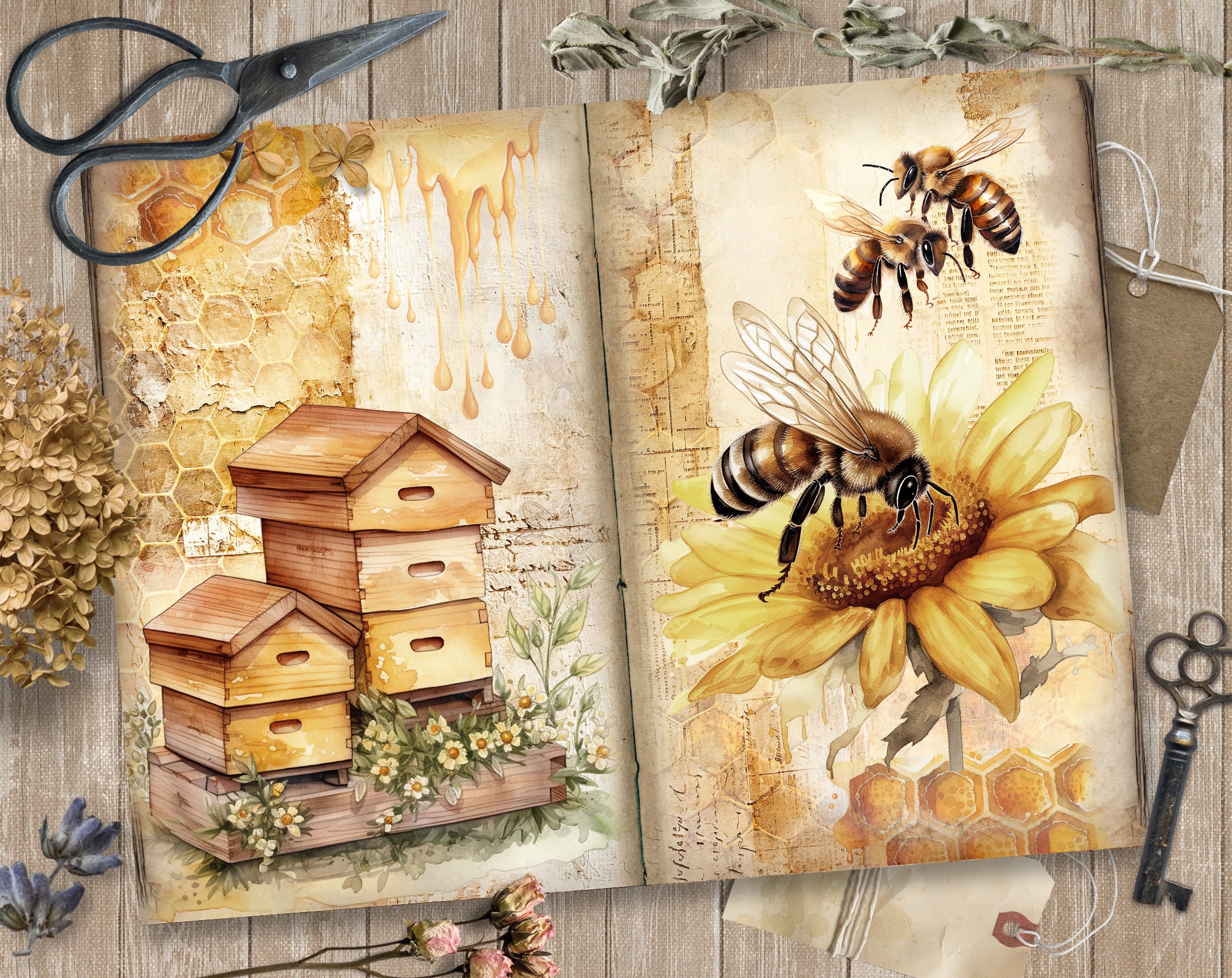 Honey Bees Junk Journal Pages, Vintage Bee Junk Journal Kit, Junk ...