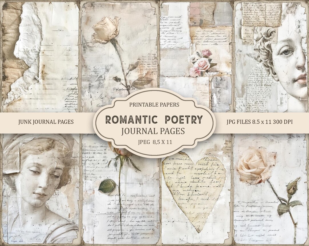 Romantic Poetry Valentines Junk Journal Pages, 11 X 8.5, Printable ...