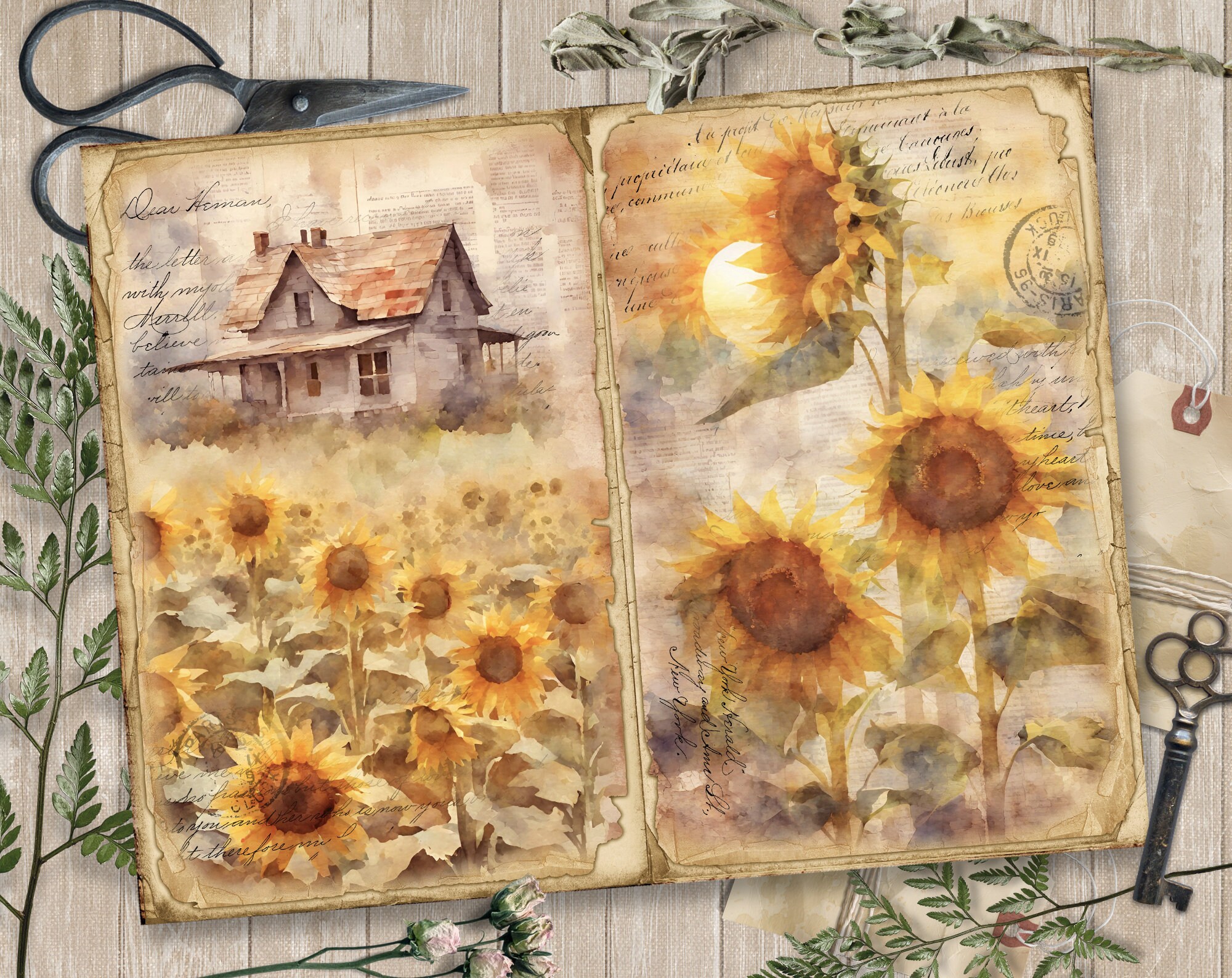 Vintage Sunflowers Journal Pages, Spring Ephemera, Scrapbook Printable ...