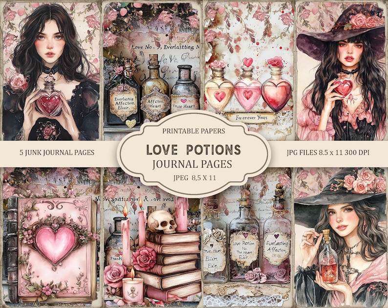 Love Potions Valentines Junk Journal Pages, 11 X 8.5, Printable Journal ...
