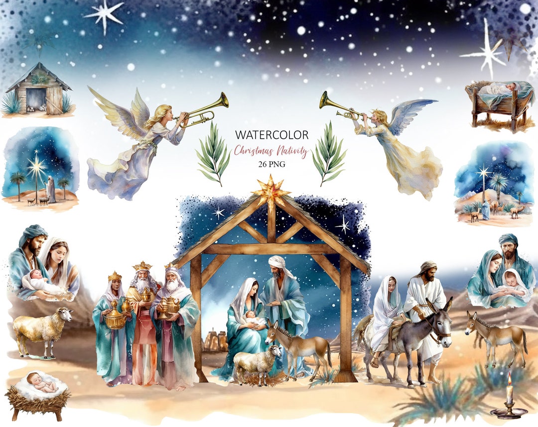 Christmas Nativity Clipart, Watercolor Nativity Scene Clipart, 26 PNG ...