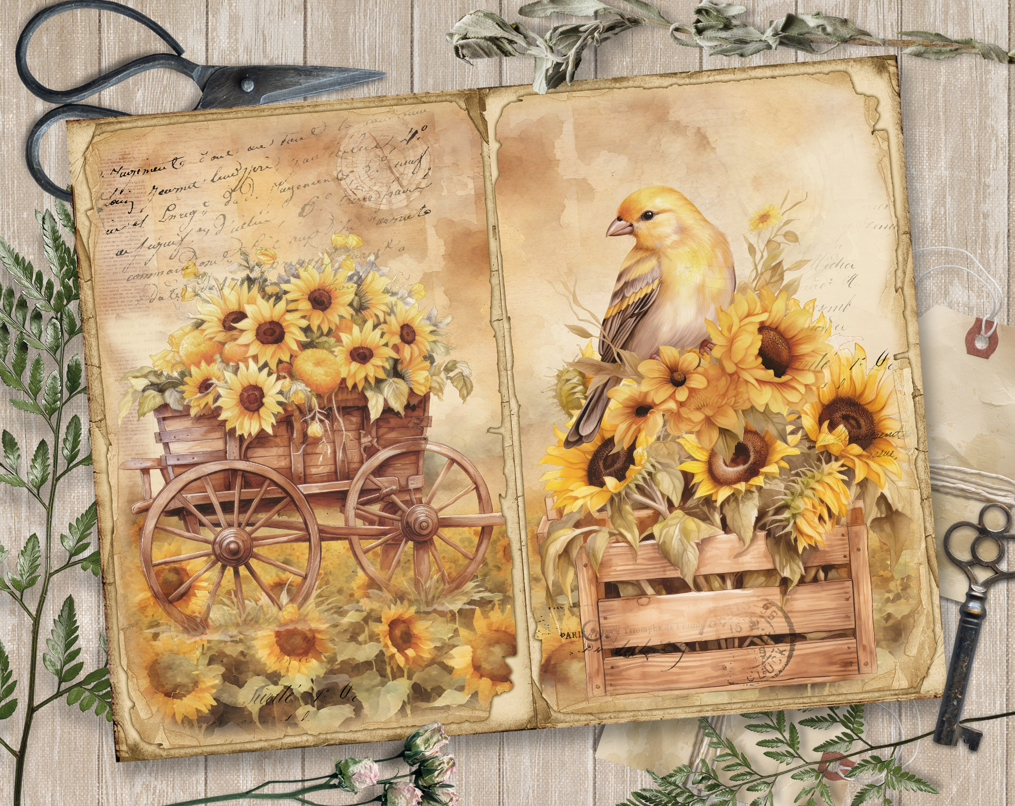 Vintage Sunflowers Journal Pages, Spring Ephemera, Scrapbook Printable ...