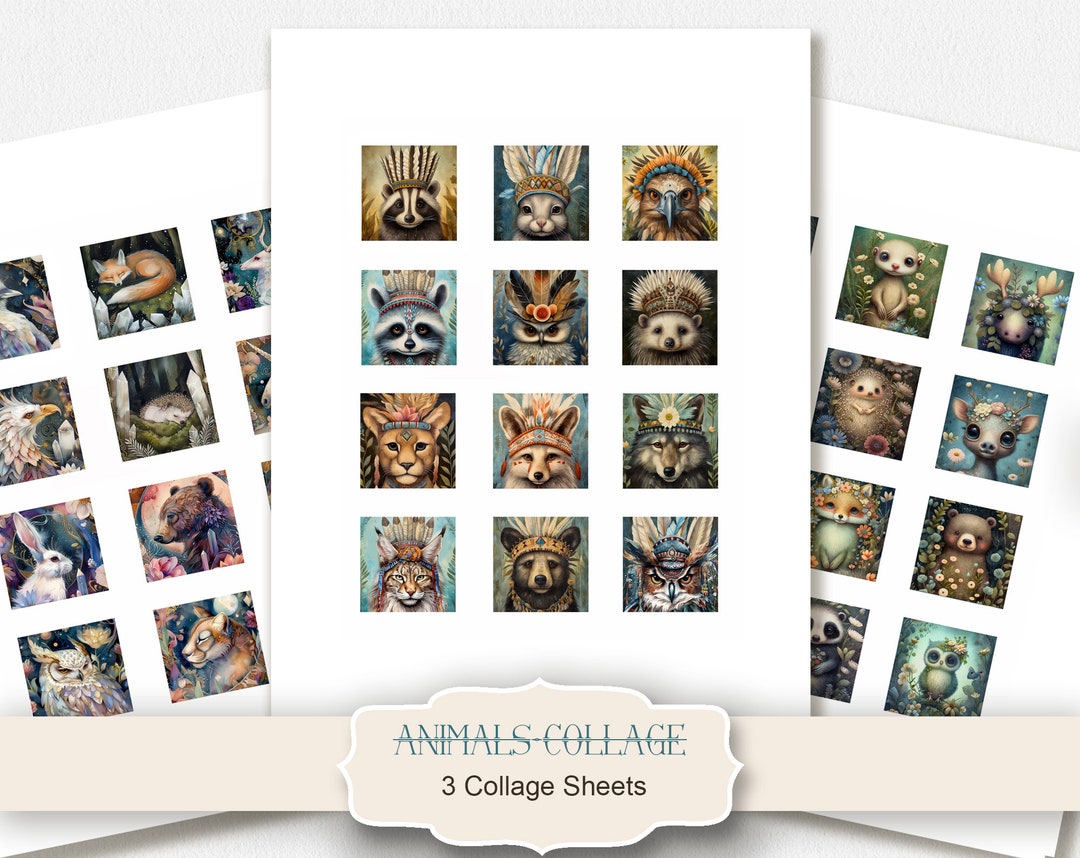 Boho Animals Digital Collage Sheet, Square Printable Images Digital ...
