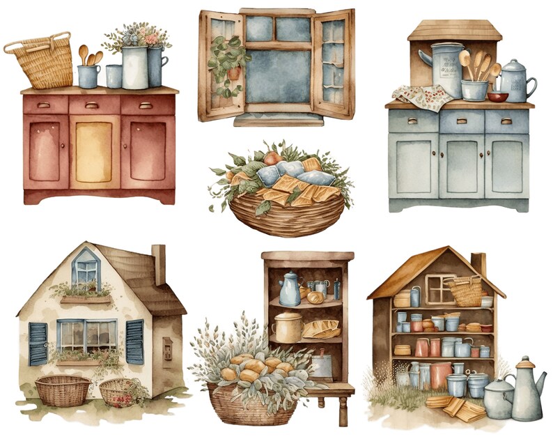 Watercolour Cottagecore Kitchen Clipart Bundle Cottage - Etsy