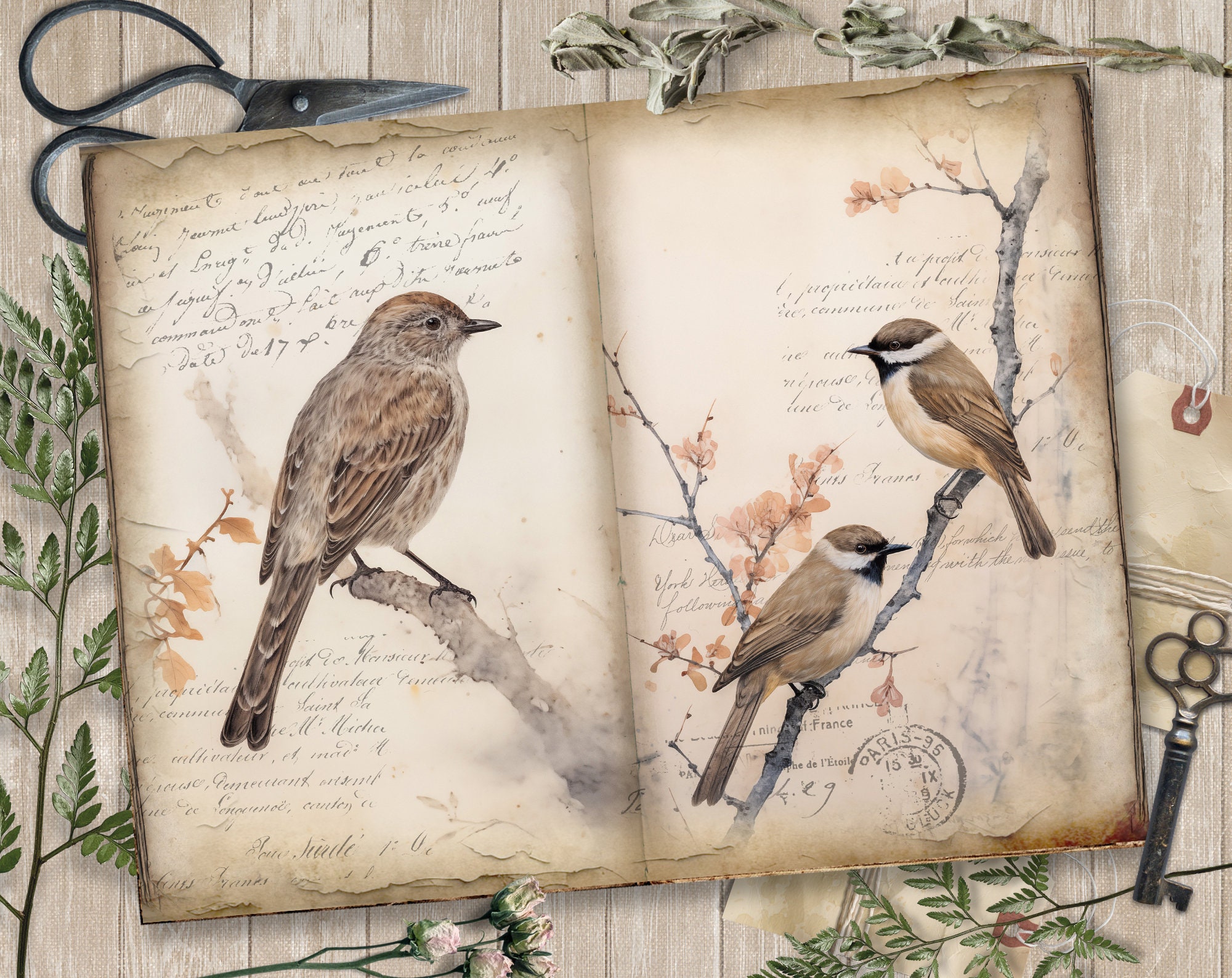Bird Garden Junk Journal Pages, Bird Ephemera, Scrapbook Printable ...