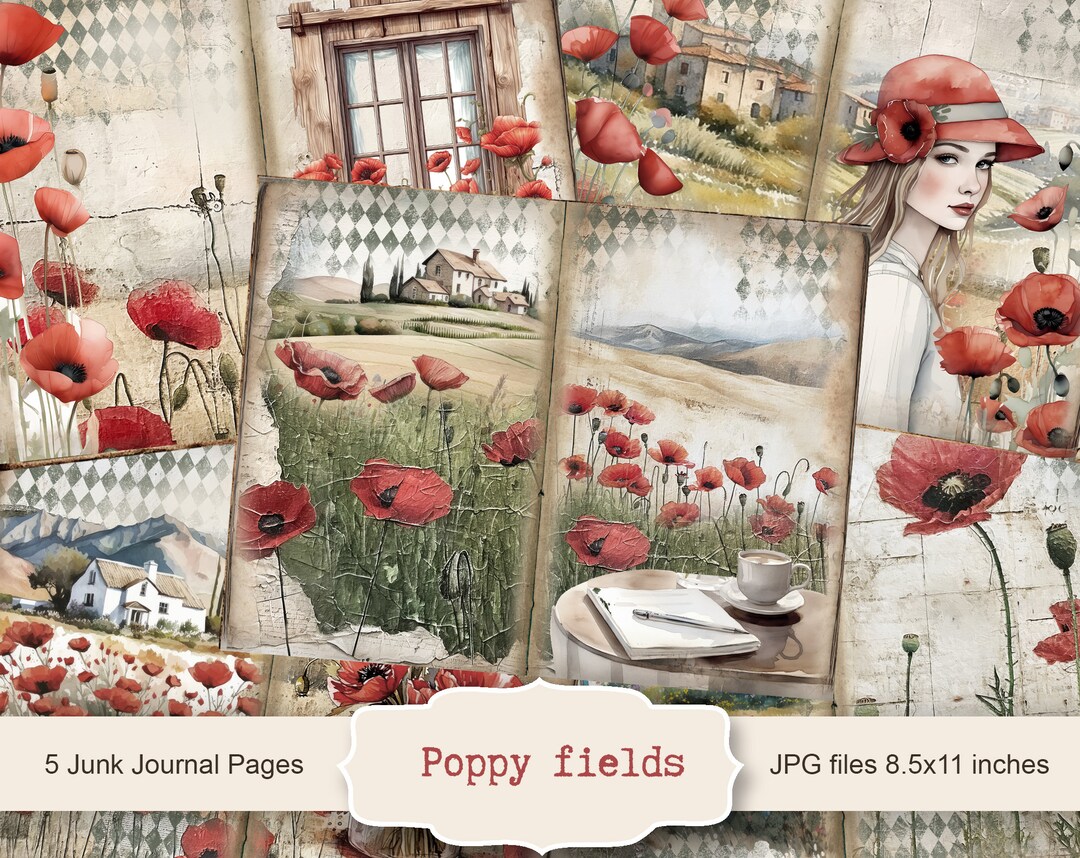 Poppy Field Junk Journal Pages, Spring Ephemera, Scrapbook Printable ...