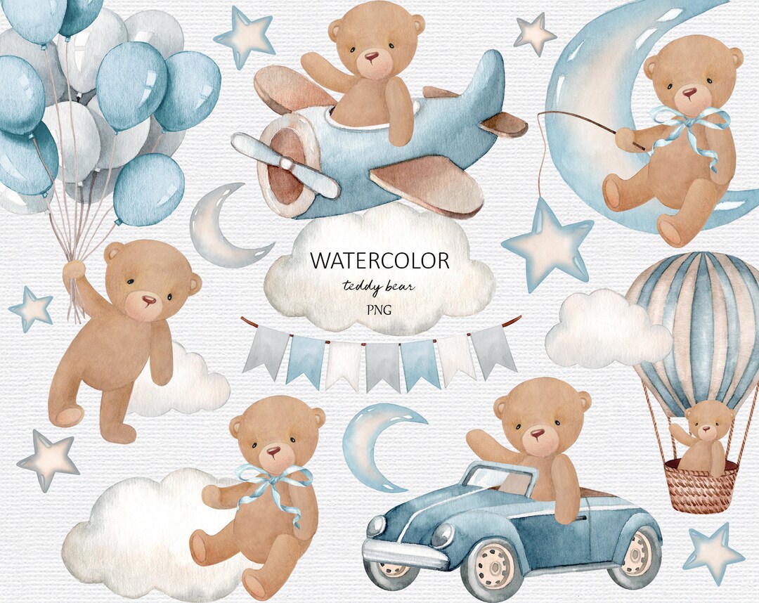 Watercolor Teddy Bear Clipart Watercolor Baby Shower Clipart - Etsy