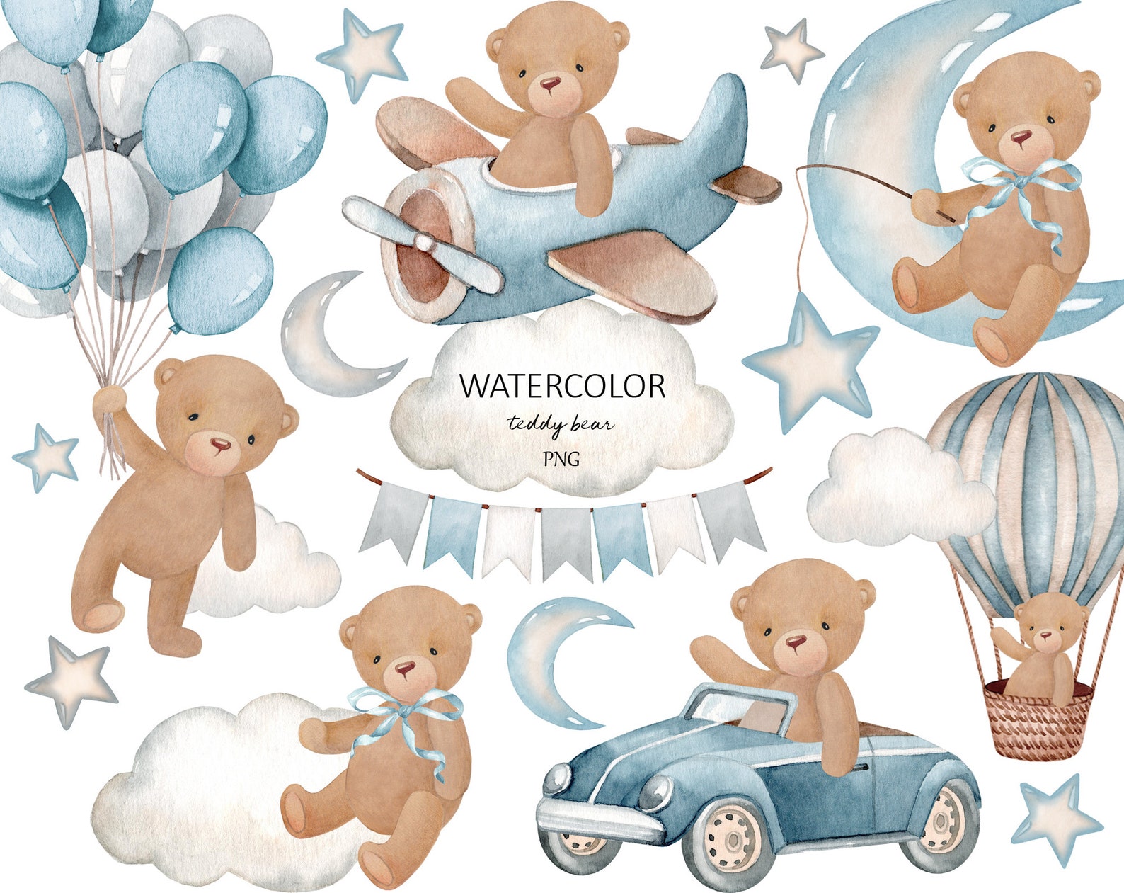 Watercolor Teddy Bear Clipart, Watercolor Baby Shower Clipart, Baby Boy ...