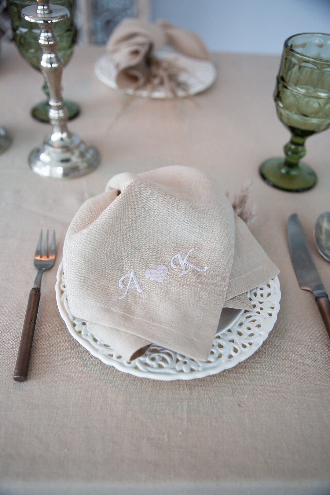 Embroidered Napkins Monogrammed Napkins Linen Beige Cloth Personalized ...