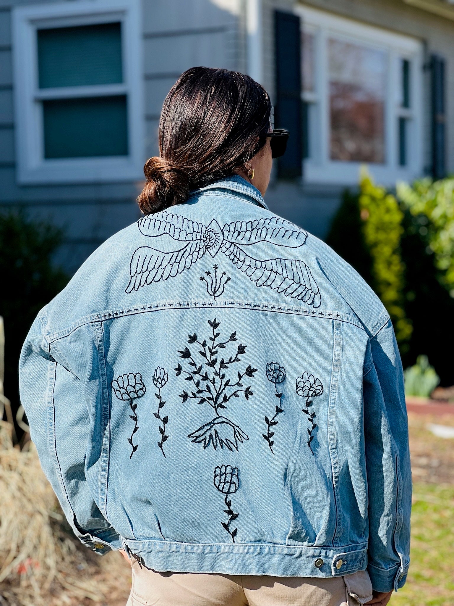 Oversized Denim Embroidered Jean Jacket, Boyfriend Jacket, Embroidered ...