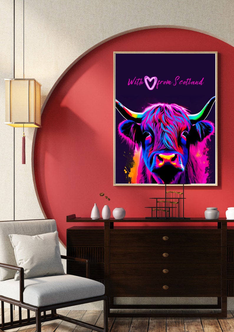 Neon Colourful Highland Cow With Love From Scotland A4 Digital Print ...