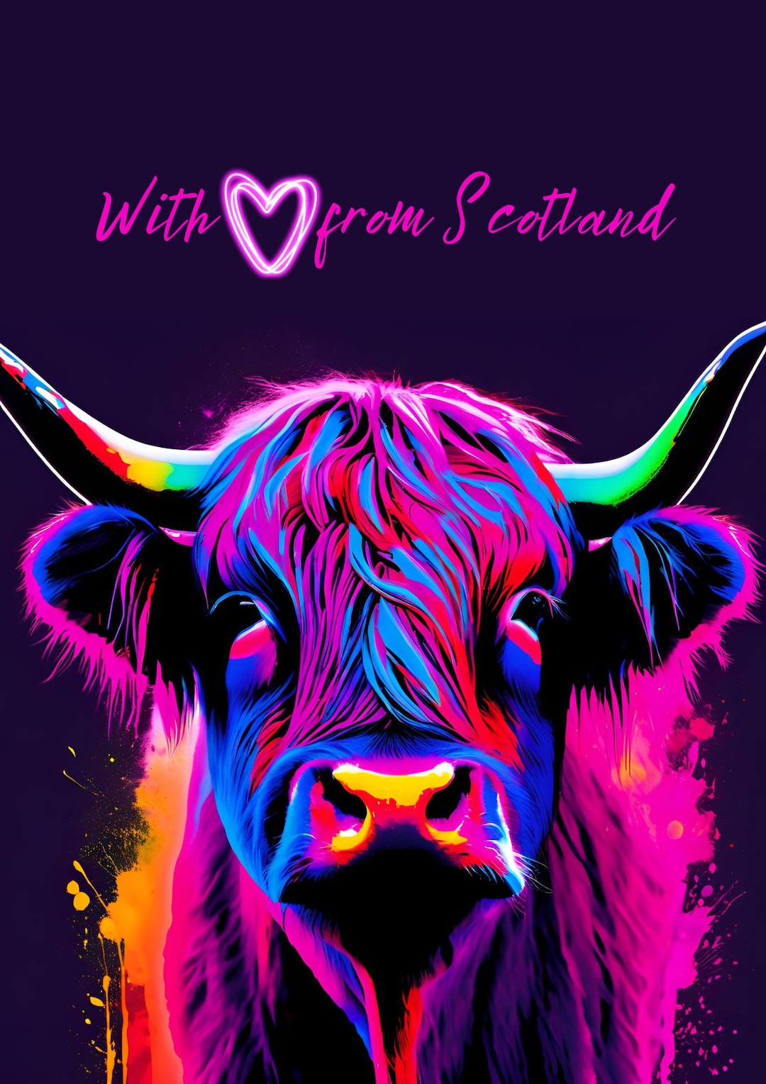 Neon Colourful Highland Cow With Love From Scotland A4 Digital Print ...