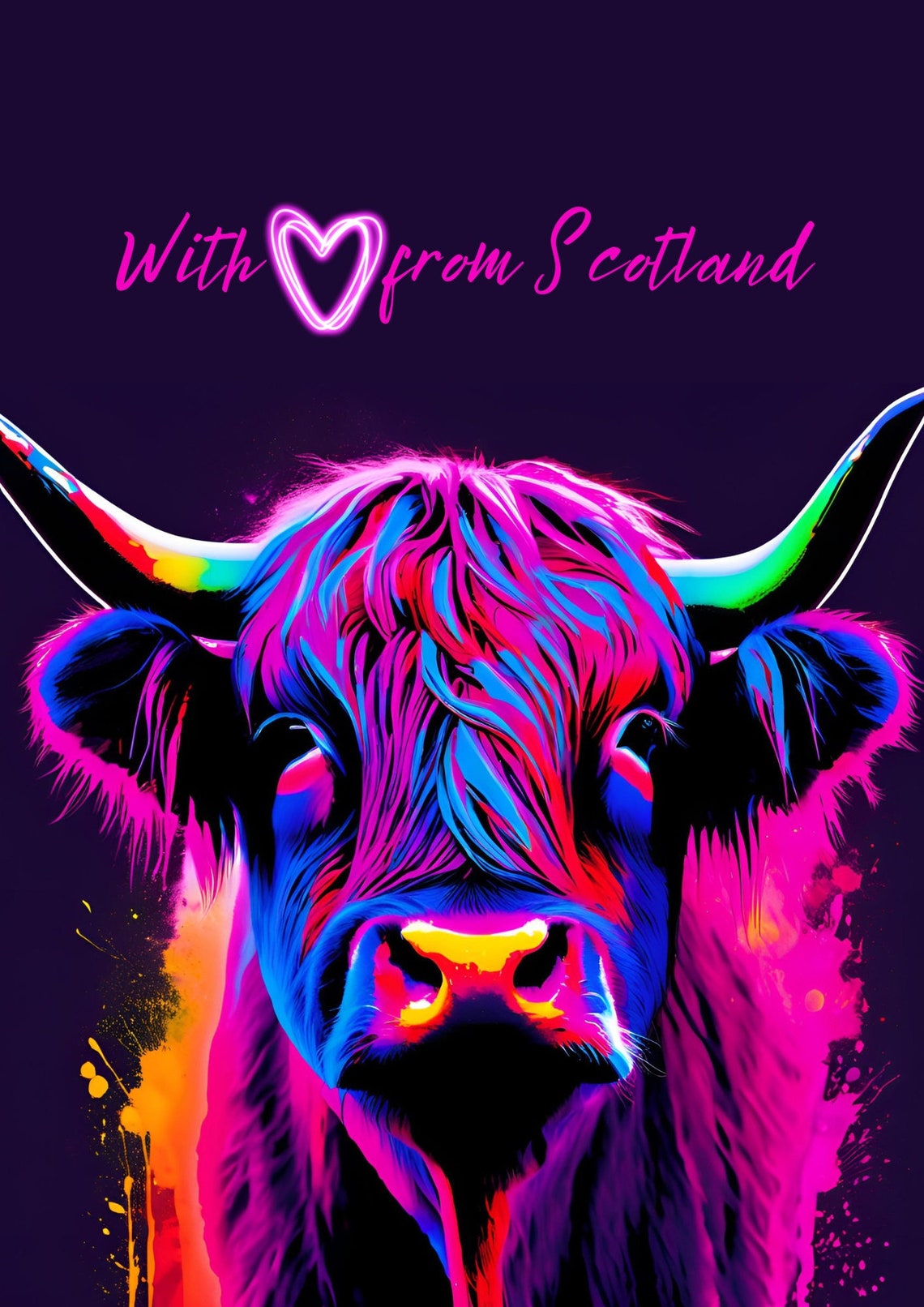 Neon Colourful Highland Cow With Love From Scotland A4 Digital Print ...