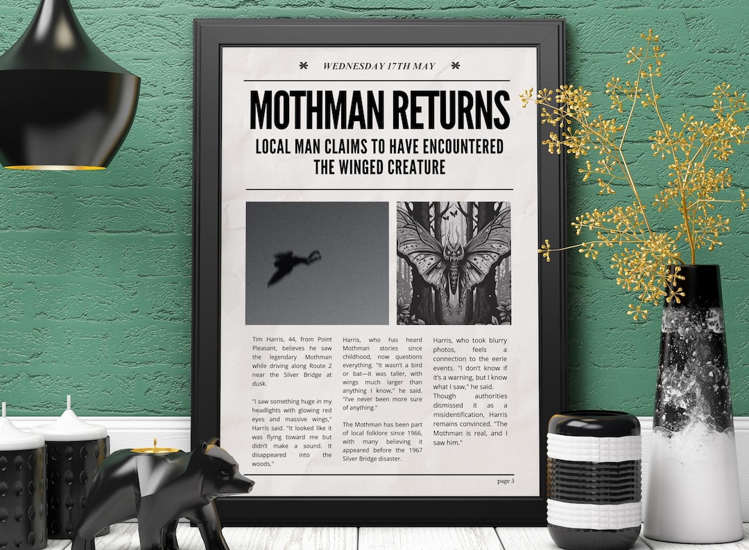 A4 Mothman Sighting Newspaper Article Print (no Frame) | Cryptids ...