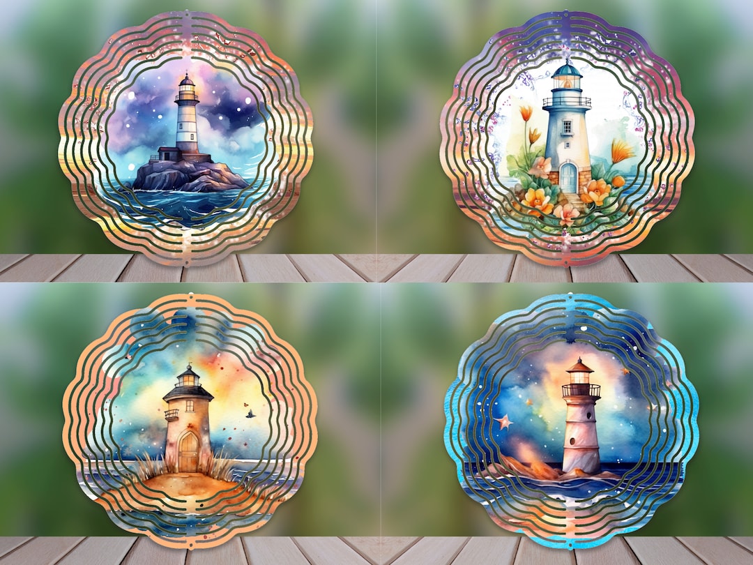 Lighthouse Wind Spinner Sublimation Design Bundle, Watercolor Lighthouse Wind Spinner Png for ...
