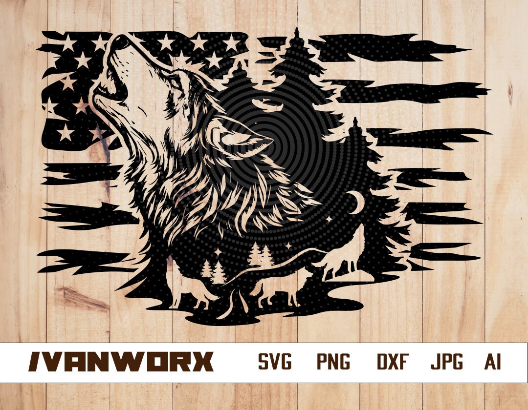 US Flag Wolf Scene Svg | Outdoor Clipart | Wolf Shirts Png | Camp Life ...
