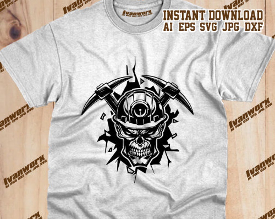 Miner Skull Svg | Miner on Wall Crack Png | Mining Tools Dxf | Pickaxe ...