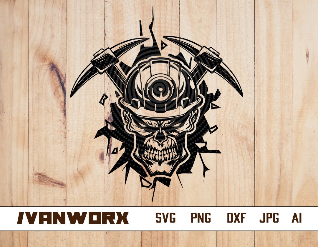 Miner Skull Svg | Miner on Wall Crack Png | Mining Tools Dxf | Pickaxe ...