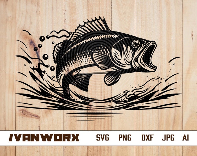 Bass Fish Jumping Stencil Art, Vector Bass Fish Stencil, Sea Creature ...