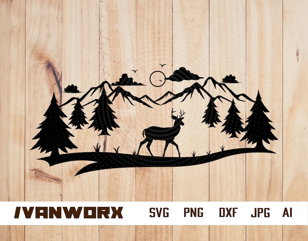 Deer Mountains Scene Svg | Outdoors Scene Svg | Deer Family Svg ...