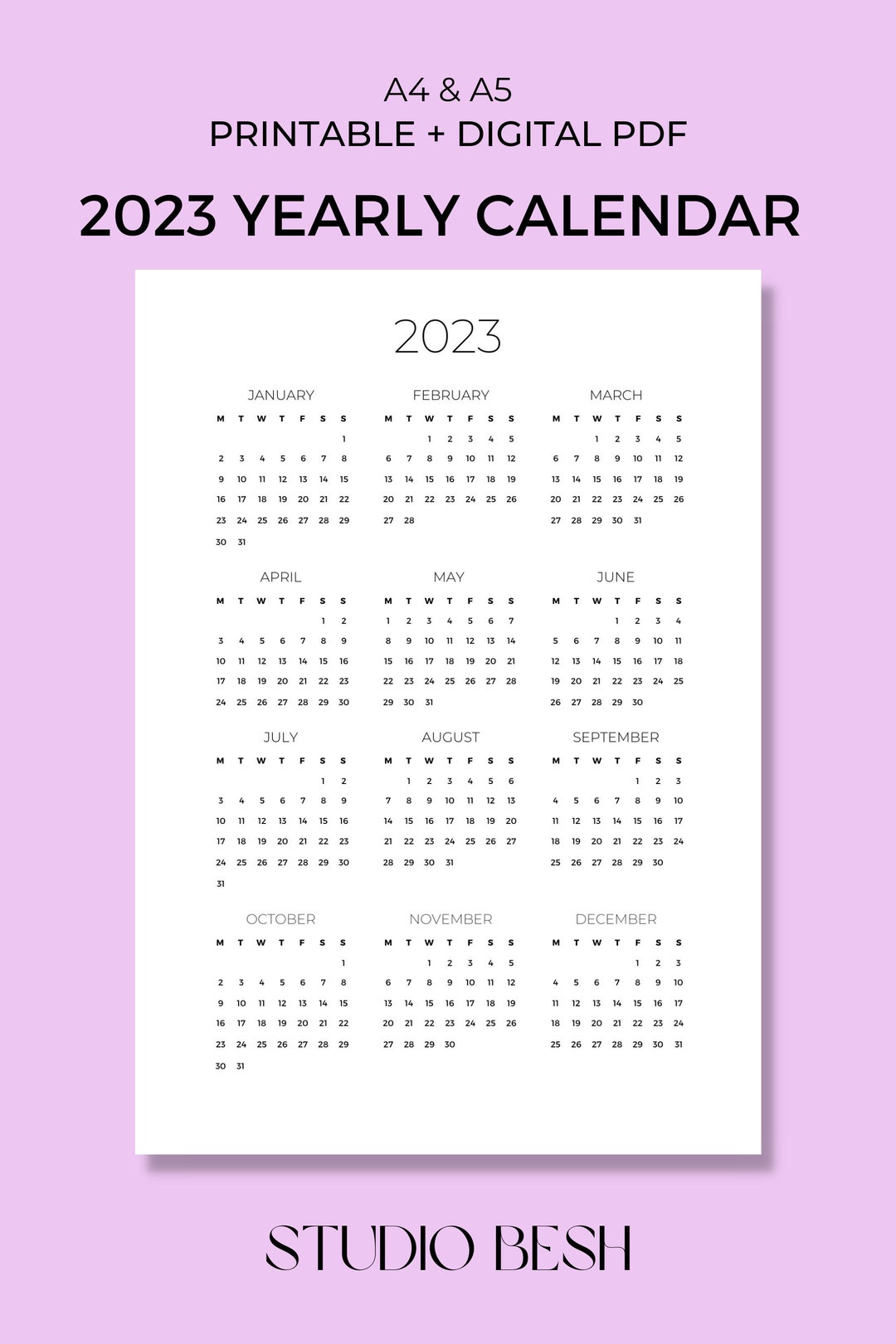 2023 Yearly Digital Calendar 2023 Yearly Overview Year at - Etsy