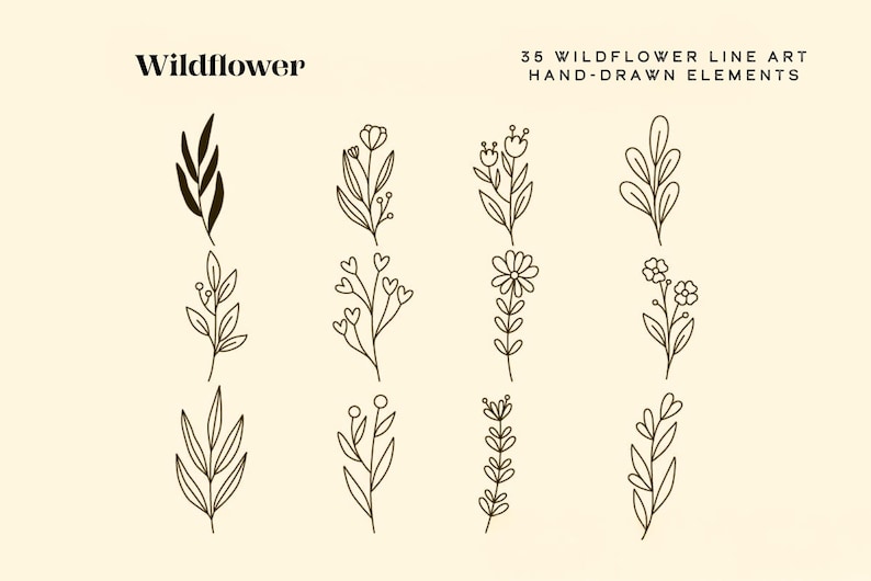 Wildflower Line Art SVG Bundle | 35 Hand-drawn Floral Designs (digital ...