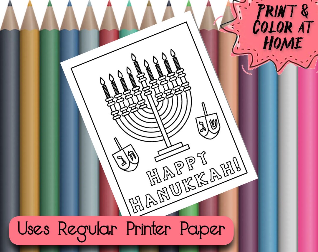 PRINTABLE Happy Hanukkah Coloring Card — Menorah, Dreidel, Colorable ...