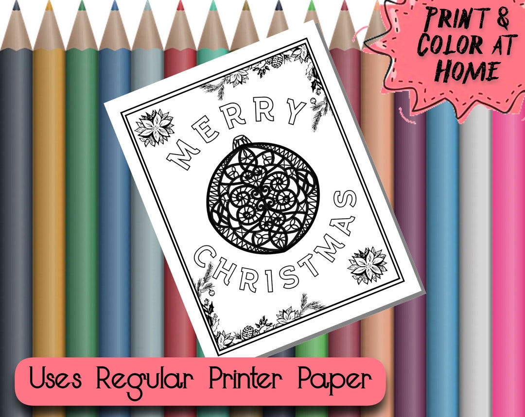 PRINTABLE Merry Christmas Coloring Card — Xmas Ornament Card, Holiday ...