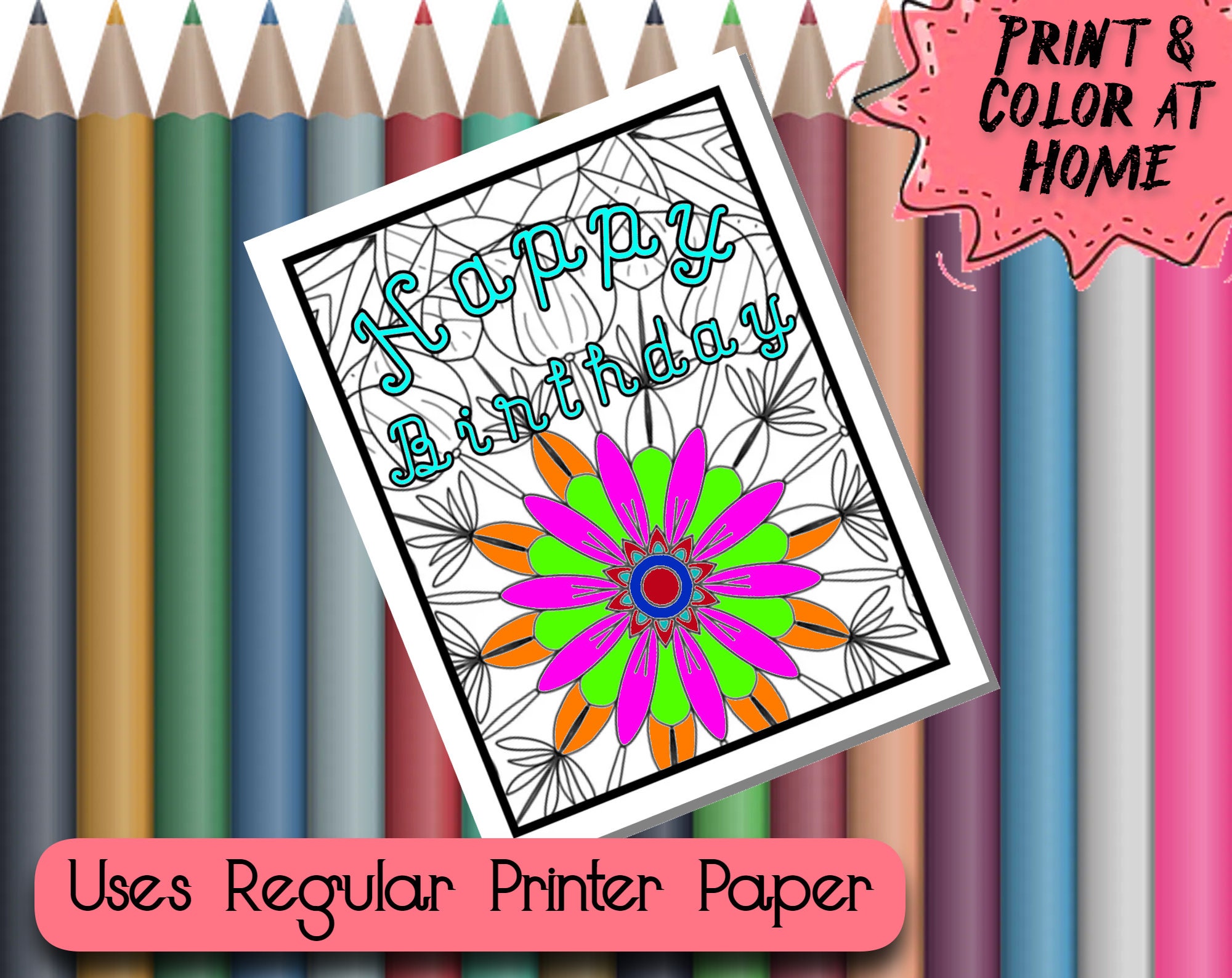 PRINTABLE Happy Birthday Coloring Card — Mandala Birthday Card ...