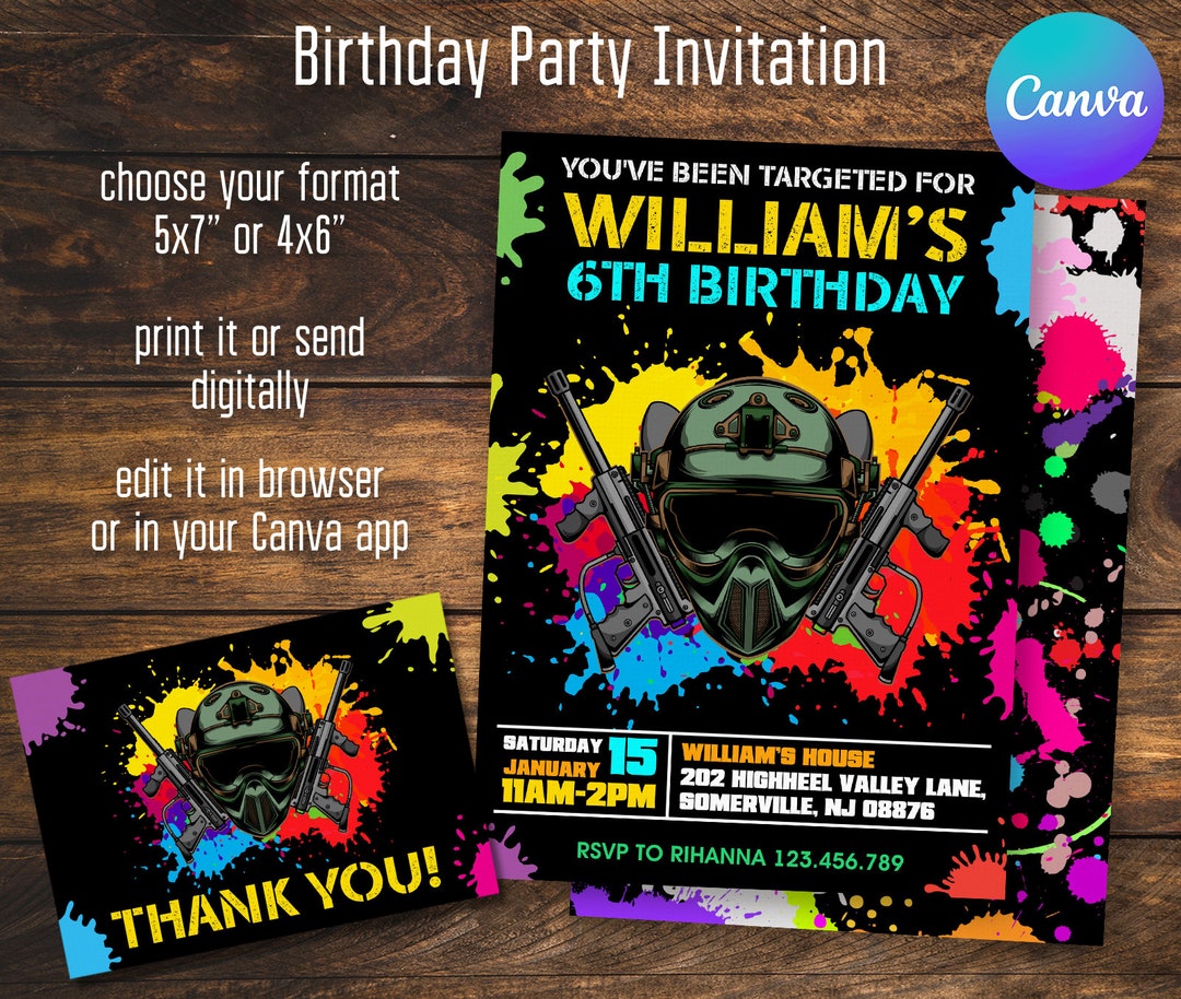 Paintball Invitation, Paintball Battle Editable Birthday Invite, Paint ...