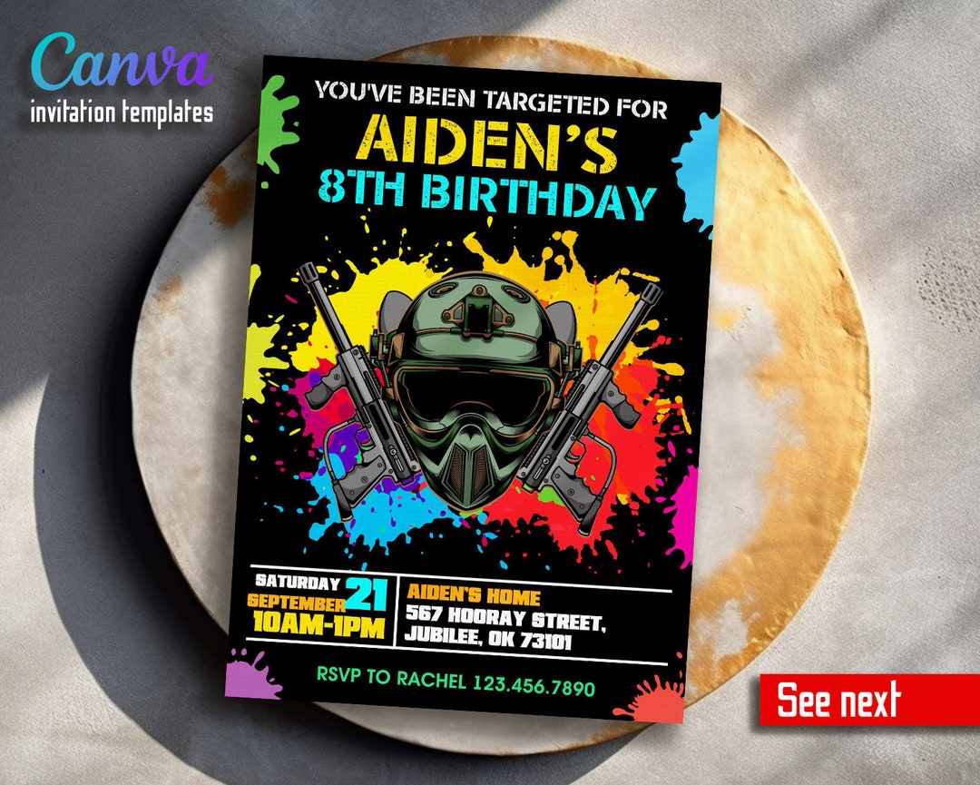 Paintball Battle Editable Birthday Invite, Paint Ball Wars Invitation ...