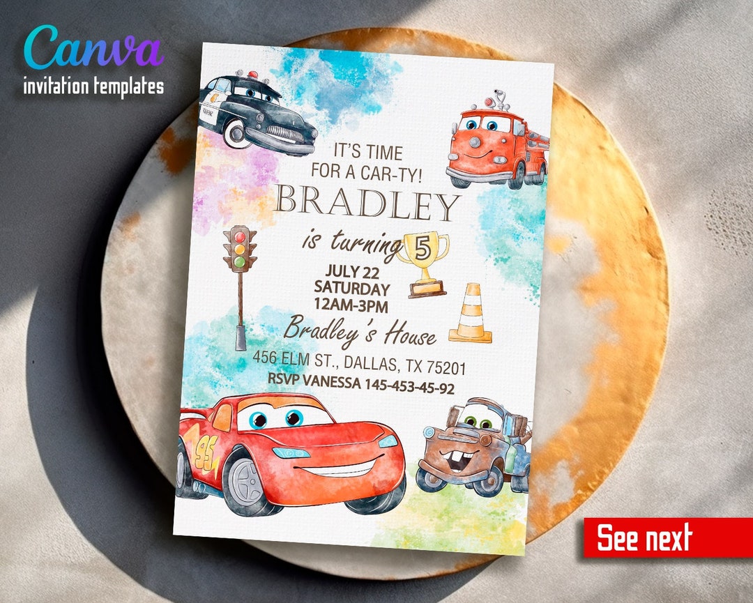 Birthday Party Invitation, Printable Cars Invitation, Lightning Mcqueen ...