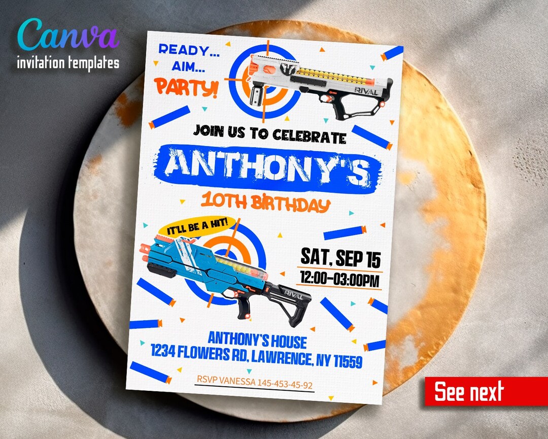 Printable Editable Birthday Invite, Editable Nerf Invite Template, Dart ...