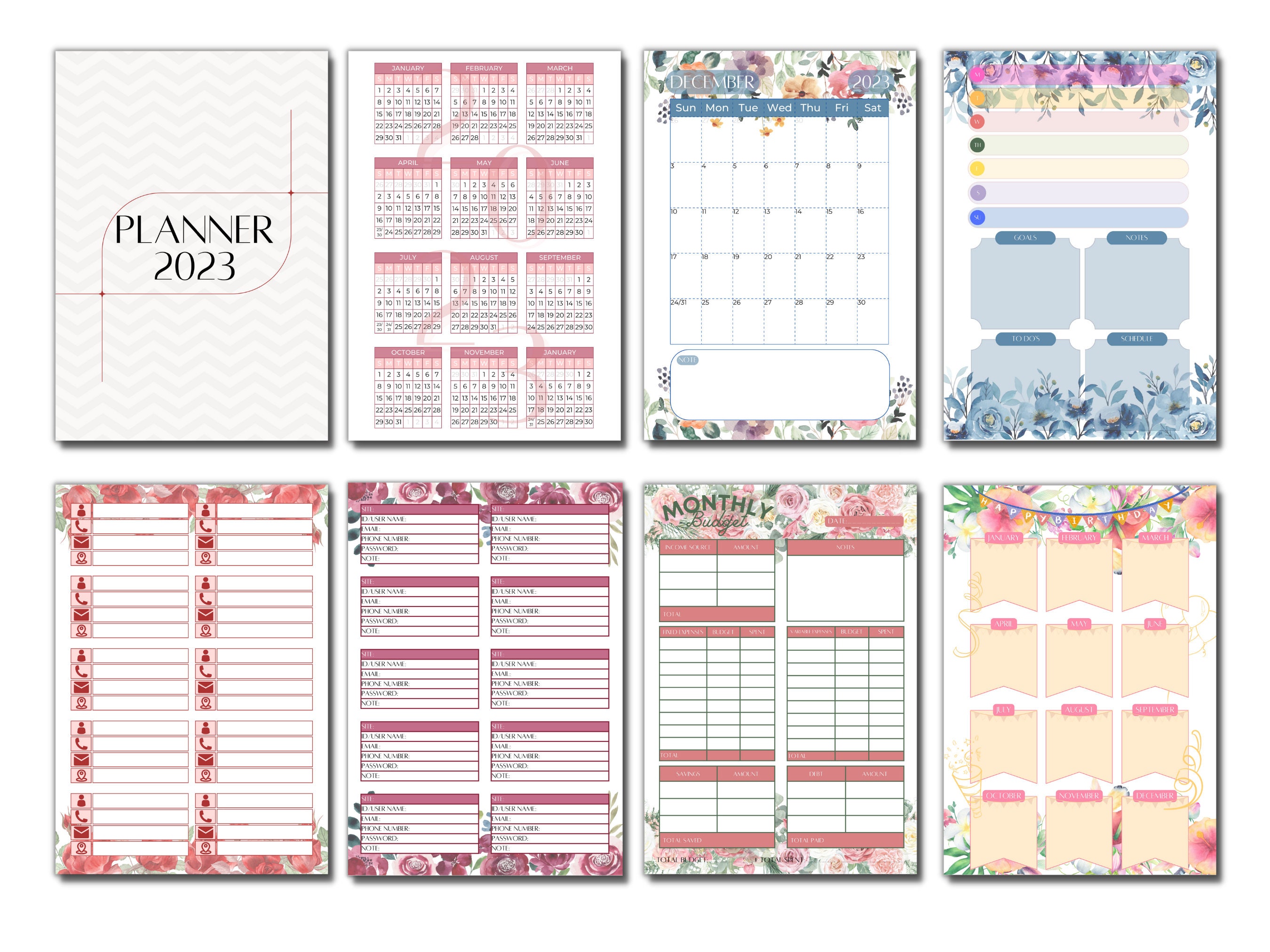 Planner Printable 2023 A5 Inserts Page Bundle Floral Monthly Calendar ...