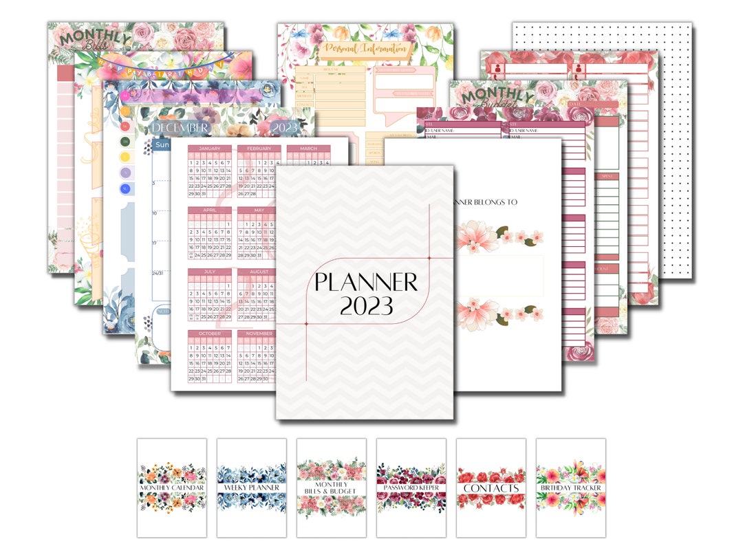 Planner Printable 2023 A5 Inserts Page Bundle Floral Monthly Calendar ...