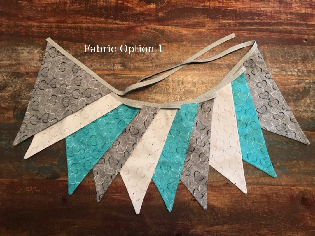 Rustic Farmhouse Heart Bunting - Teal and Gray Fabric Garland ...