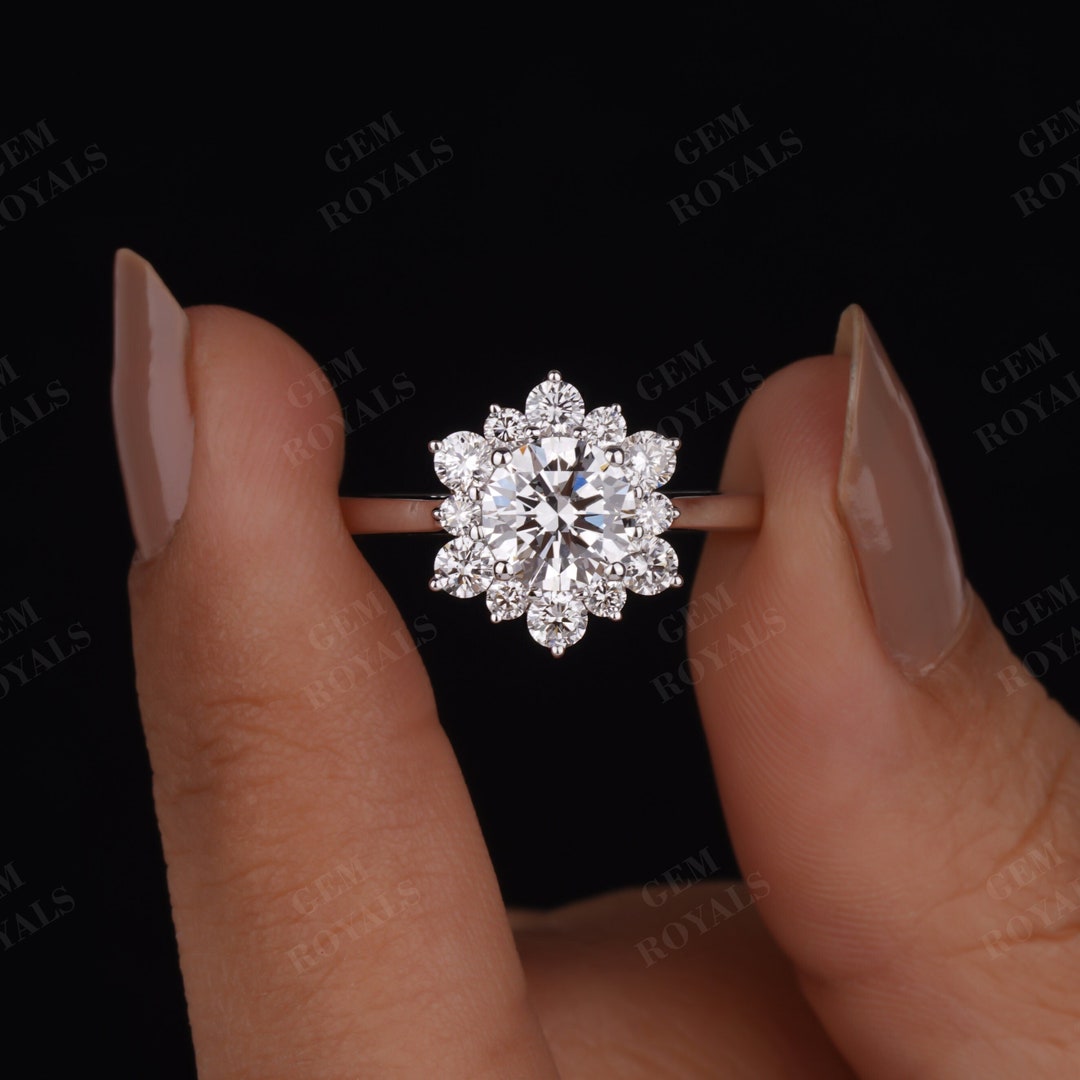 1.58TCW Round Lab Grown Diamond Ring Floral Halo Diamond Engagement ...