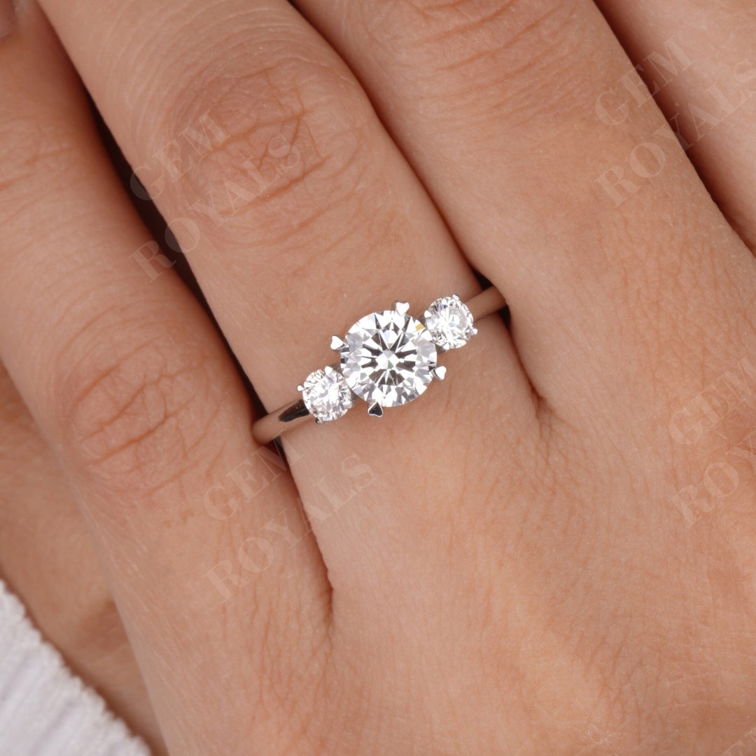 Three Stone Round Engagement Ring Moissanite Ring 14K Gold Heart Prongs ...