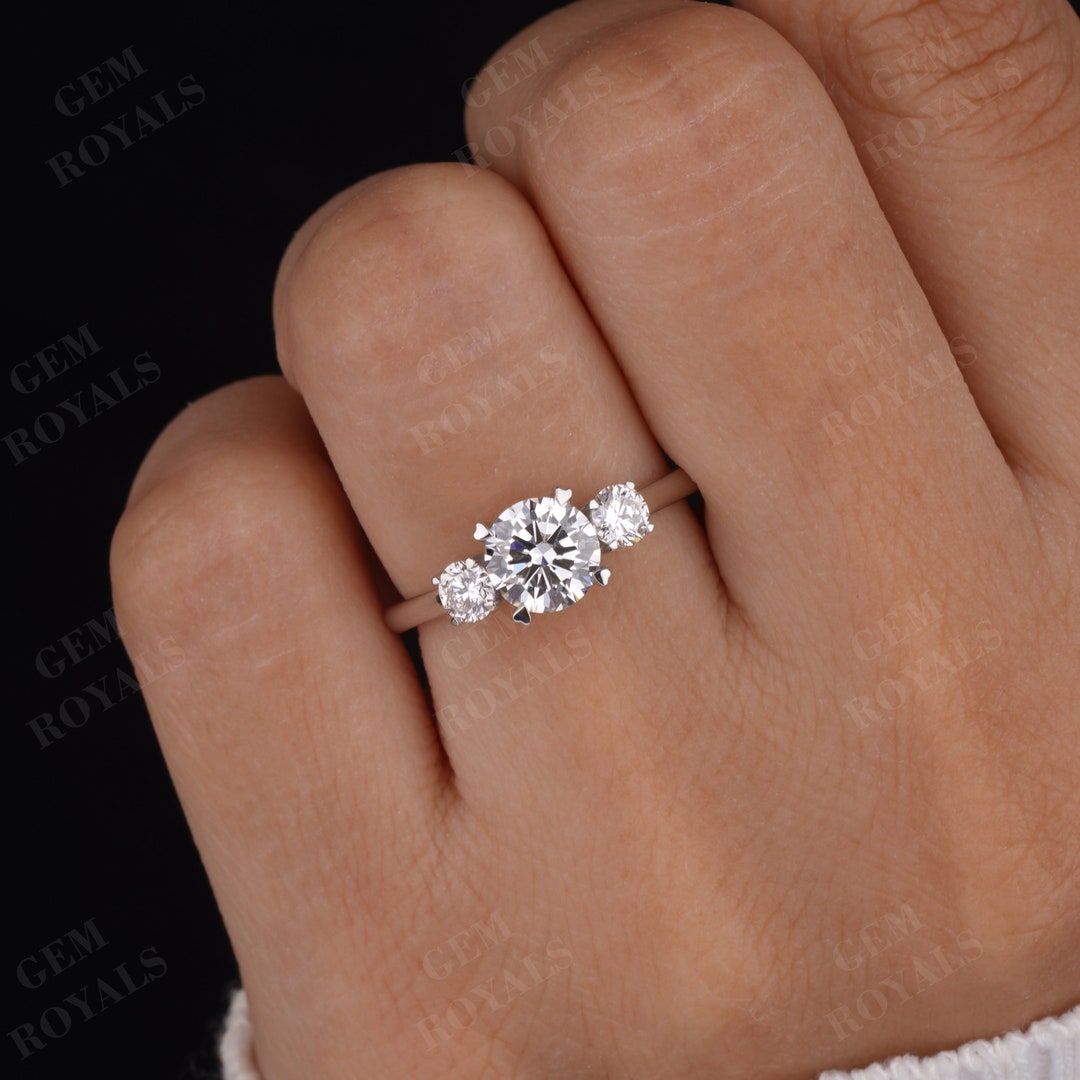 Three Stone Round Engagement Ring Moissanite Ring 14K Gold Heart Prongs ...