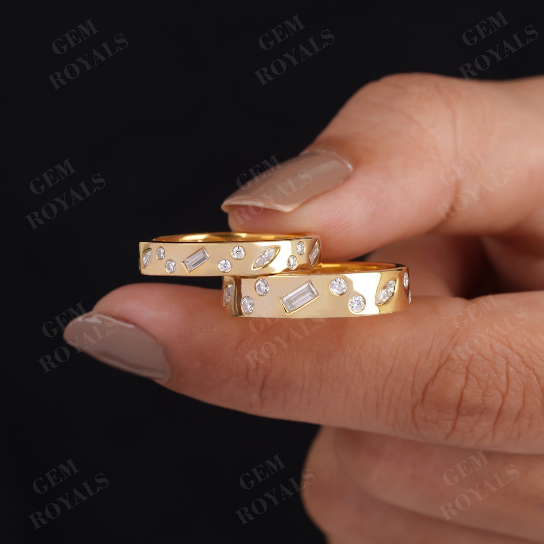 Flush Set Moissanite Wedding Band 14K Gold Stackable Band Marquise ...