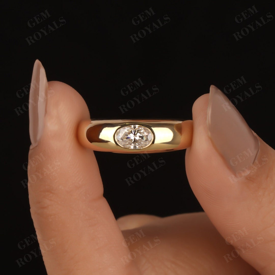 Flush Set Oval Cut Moissanite Ring 14K Gold Solitaire Chunky Dome Ring 6 MM Wide Wedding Ring ...