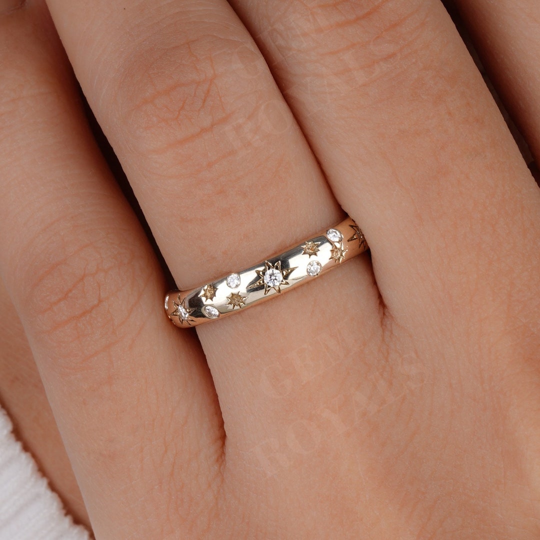 Moissanite Starburst Wedding Band Women 14K Gold Stackable Celestial ...